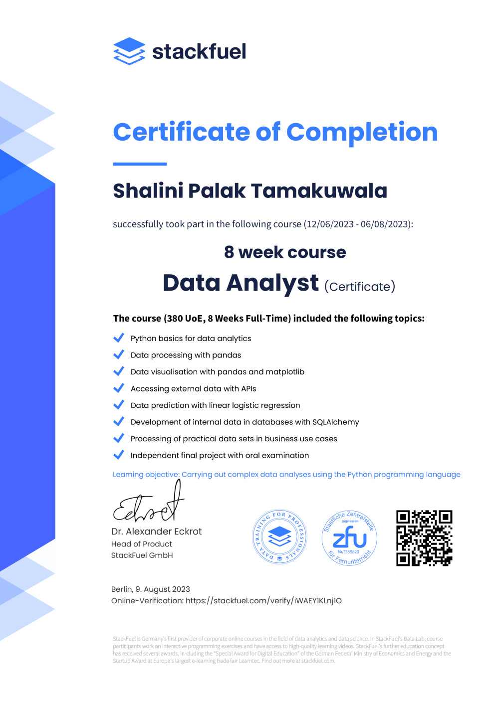 StackFuel Certificate